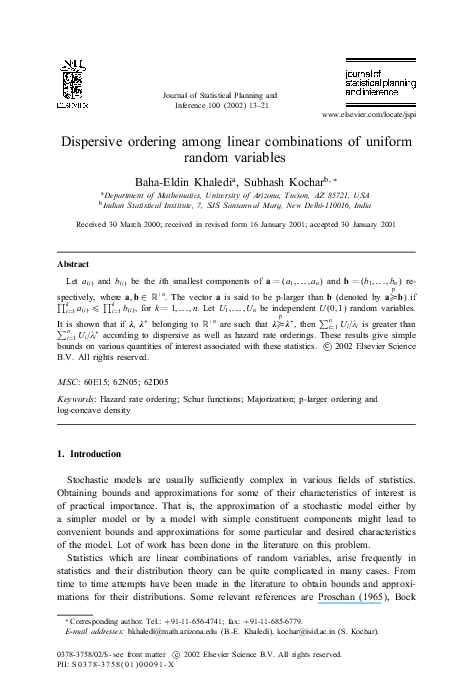 Pdf Dispersive Ordering Among Linear Combinations Of Uniform Random