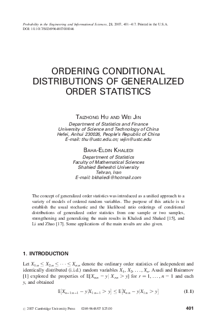 (PDF) ORDERING CONDITIONAL DISTRIBUTIONS OF GENERALIZED ORDER STATISTICS