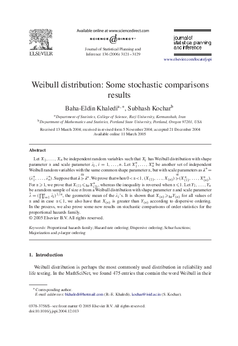 (PDF) Weibull distribution: Some stochastic comparisons results