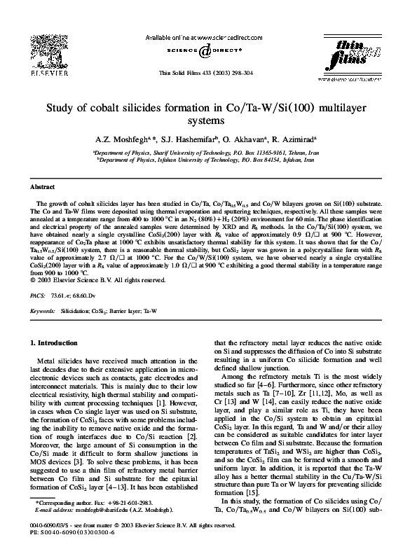 (PDF) Study of cobalt silicides formation in Co/Ta-W/Si(100) multilayer ...