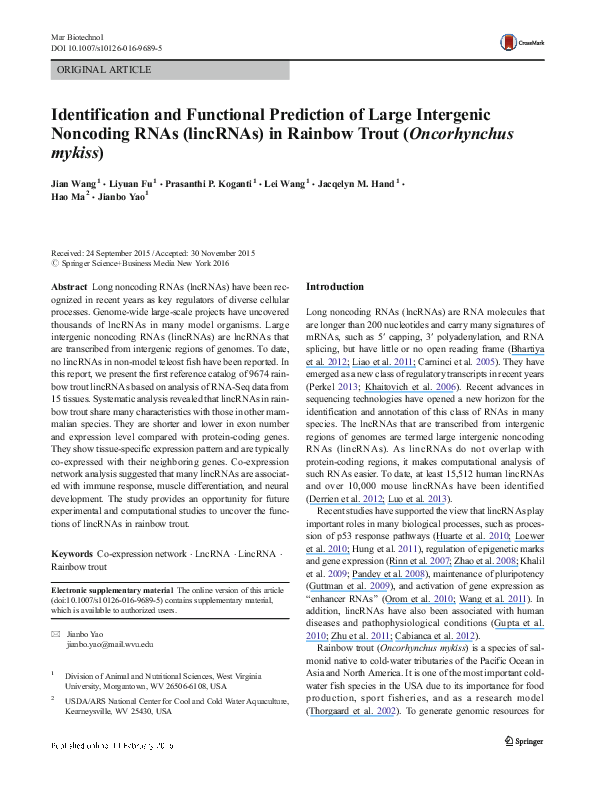 (PDF) Identification and Functional Prediction of Large Intergenic Noncoding RNAs (lincRNAs) in ...