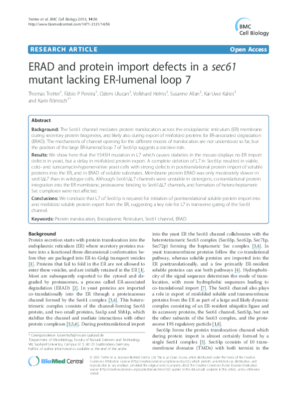 (PDF) ERAD and protein import defects in a sec61 mutant lacking ER ...