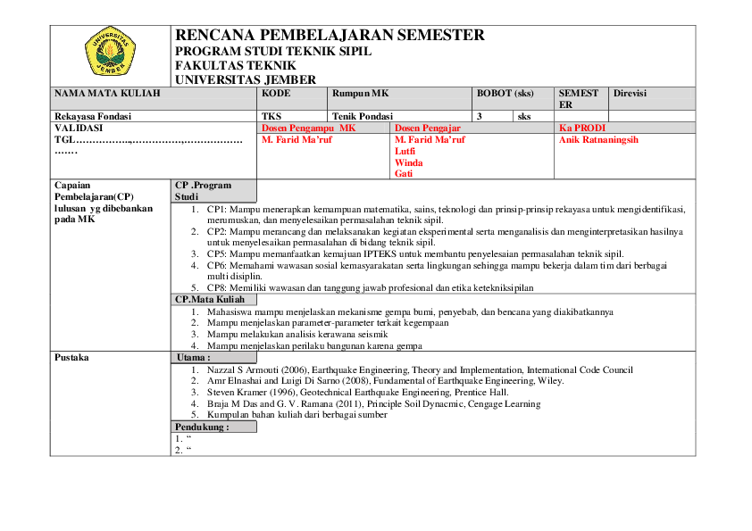 (PDF) RENCANA PEMBELAJARAN SEMESTER PROGRAM STUDI TEKNIK SIPIL FAKULTAS TEKNIK UNIVERSITAS JEMBER