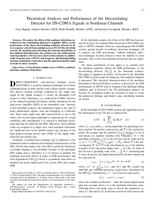 Pdf Theoretical Analysis And Performance Of The Decorrelating Detector For Ds Cdma Signals In