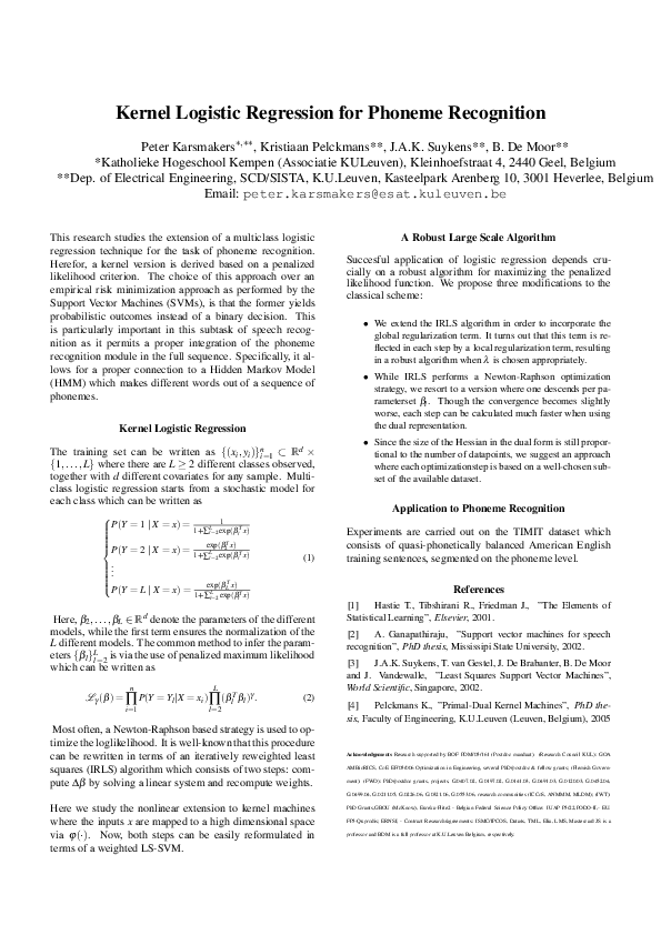 (PDF) Kernel Logistic Regression for Phoneme Recognition