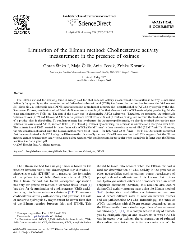 (PDF) Limitation of the Ellman method: Cholinesterase activity ...