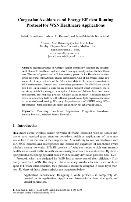 Pdf Congestion Avoidance And Energy Efficient Routing Protocol For Wsn Healthcare Applications
