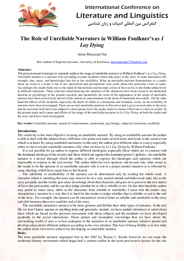 (PDF) The Role of Unreliable Narrators in William Faulkner's as I Lay Dying