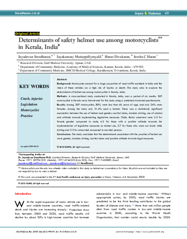 Pdf Determinants Of Safety Helmet Use Among Motorcyclists In Kerala India