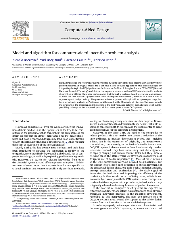 (PDF) Model and algorithm for computer-aided inventive problem analysis