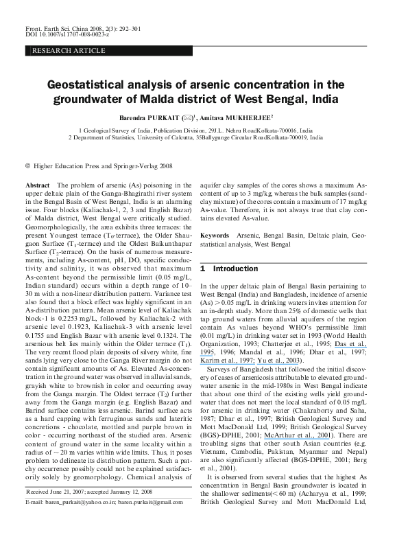 (PDF) Geostatistical analysis of arsenic concentration in the groundwater of Malda district of ...