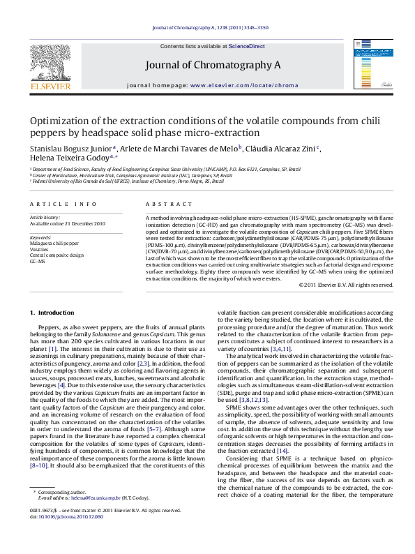 Pdf Optimization Of The Extraction Conditions Of The Volatile Compounds From Chili Peppers By