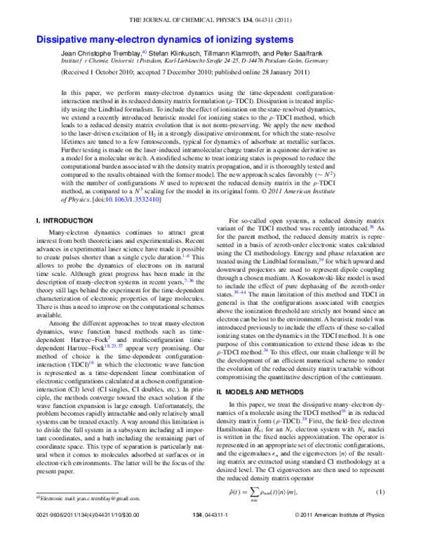 (PDF) Dissipative many-electron dynamics of ionizing systems | Jean Christophe Tremblay ...
