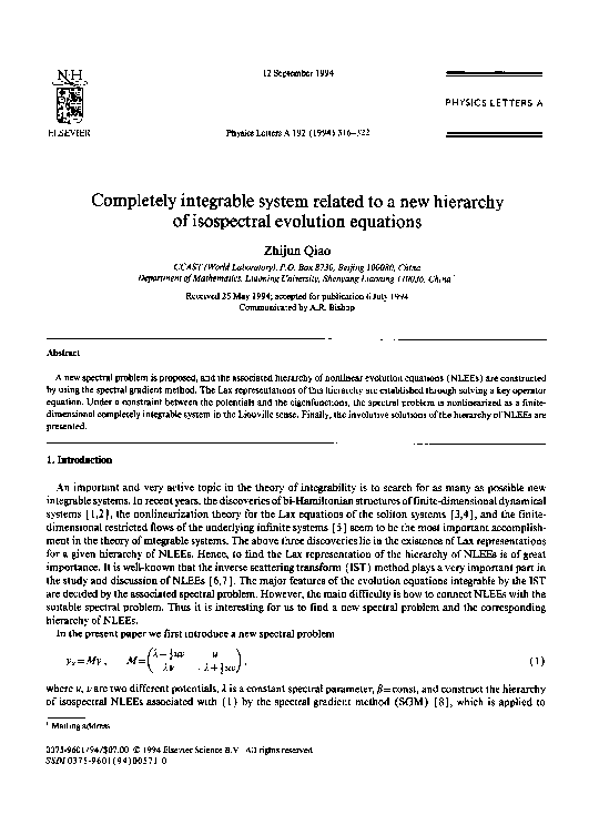 (PDF) Completely integrable system related to a new hierarchy of isospectral evolution equations