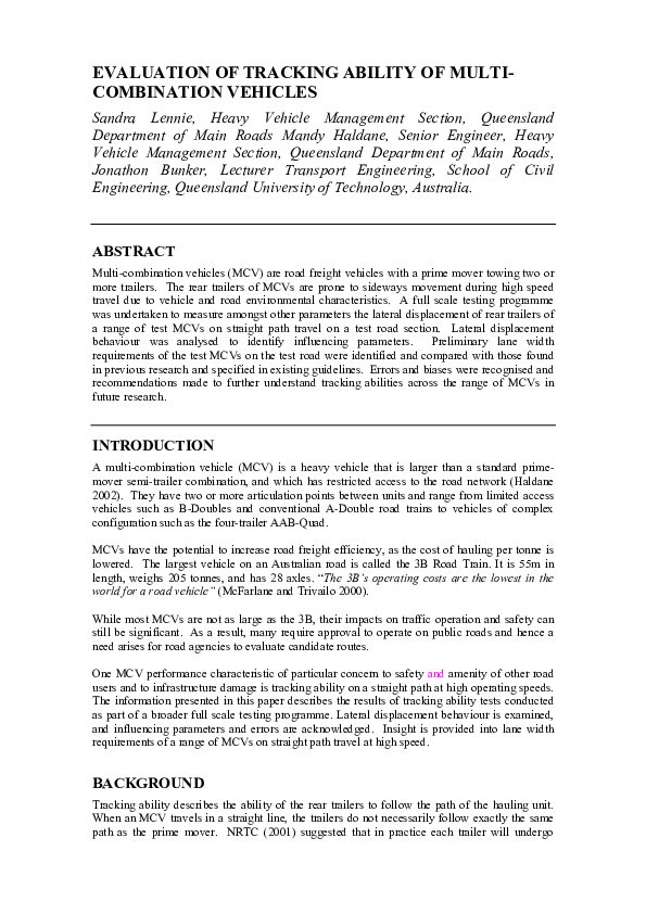 (PDF) EVALUATION OF TRACKING ABILITY OF MULTI- COMBINATION VEHICLES
