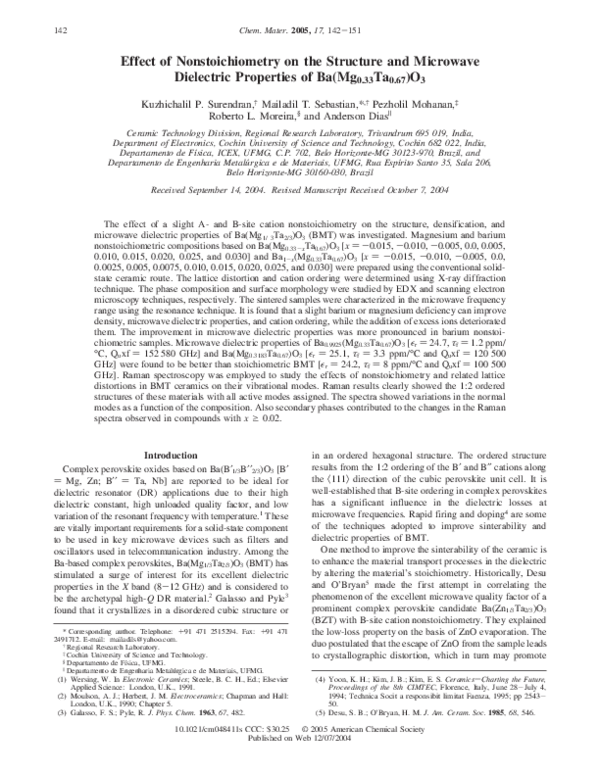(PDF) Effect of Nonstoichiometry on the Structure and Microwave Dielectric Properties of Ba(Mg 0 ...