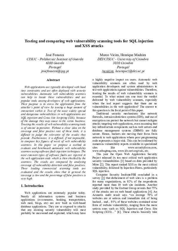 (PDF) Testing and Comparing Web Vulnerability Scanning Tools for SQL ...