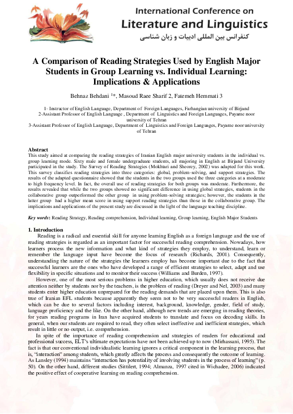 (PDF) A Comparison of Reading Strategies Used by English Major Students ...