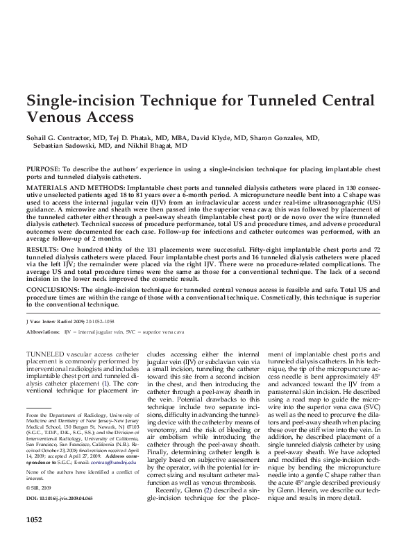 (PDF) Single-incision Technique for Tunneled Central Venous Access