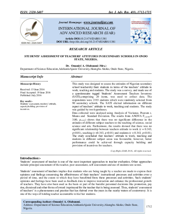 (PDF) STUDENTS' ASSESSMENT OF TEACHERS' ATTITUDES IN SECONDARY SCHOOLS ...