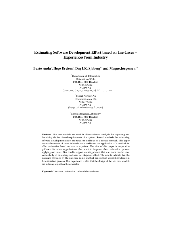 (PDF) Estimating Software Development Effort Based on Use Cases — Experiences from Industry