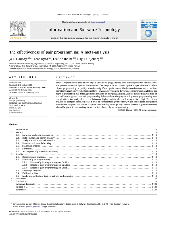 Pdf The Effectiveness Of Pair Programming A Meta Analysis