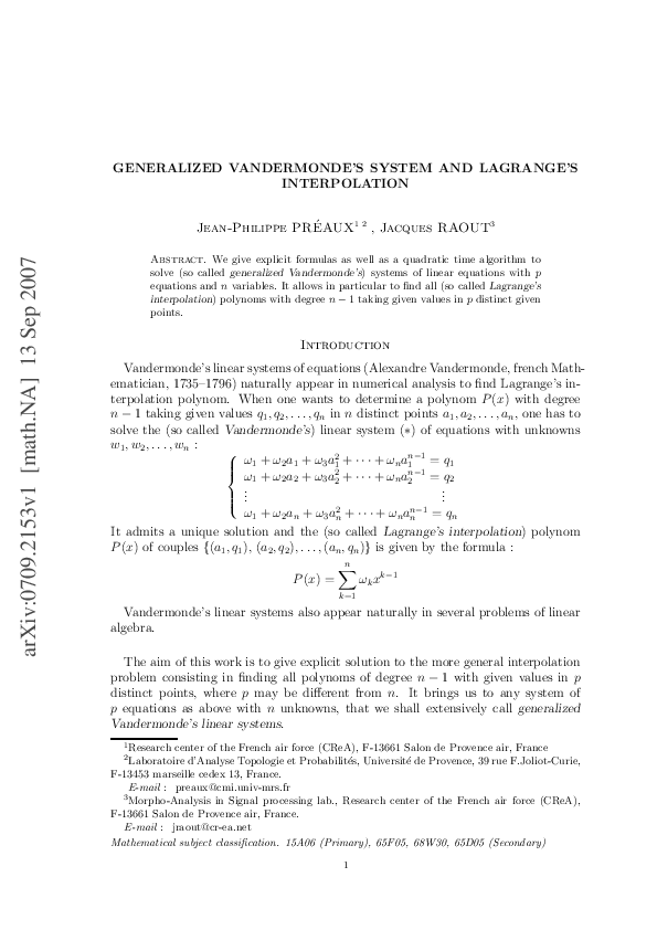 (PDF) Generalized Vandermonde's system and Lagrange's interpolation