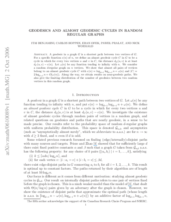 (PDF) Geodesics and almost geodesic cycles in random regular graphs