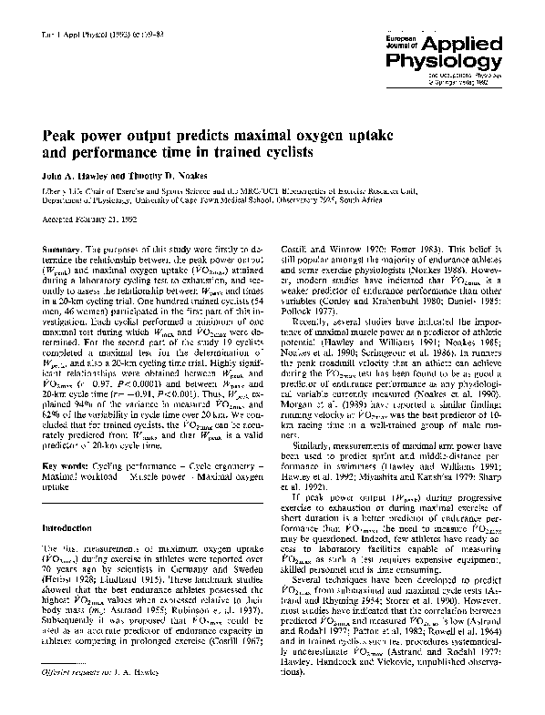 (PDF) Peak power output predicts maximal oxygen uptake and performance time in trained cyclists