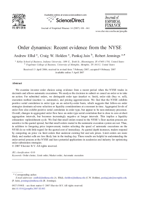 (PDF) Order dynamics: Recent evidence from the NYSE