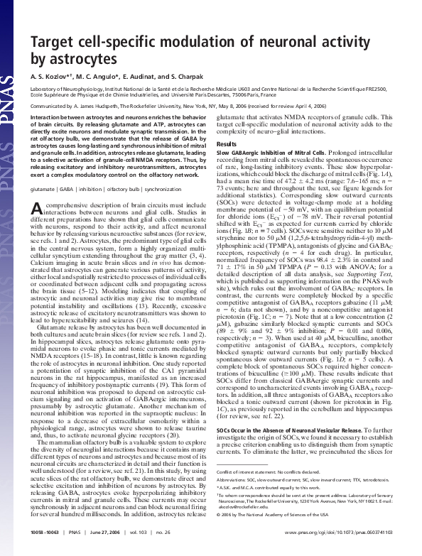 (PDF) Target cell-specific modulation of neuronal activity by astrocytes