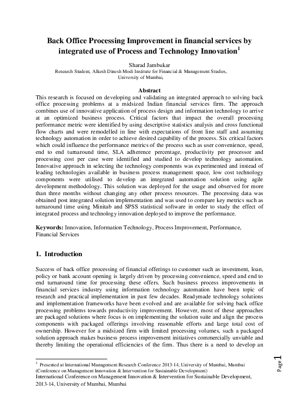 (PDF) Back Office Processing Improvement in financial services by ...