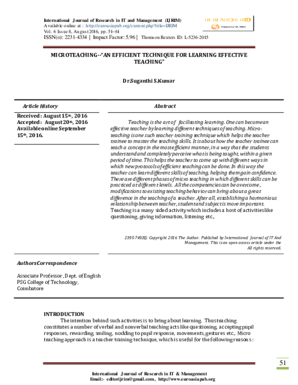 (PDF) MICROTEACHING--“AN EFFICIENT TECHNIQUE FOR LEARNING EFFECTIVE ...