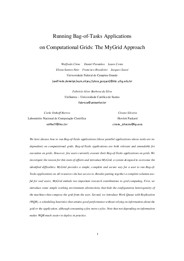 (PDF) Running Bag-of-Tasks Applications on Computational Grids: The MyGrid Approach | Daniel ...