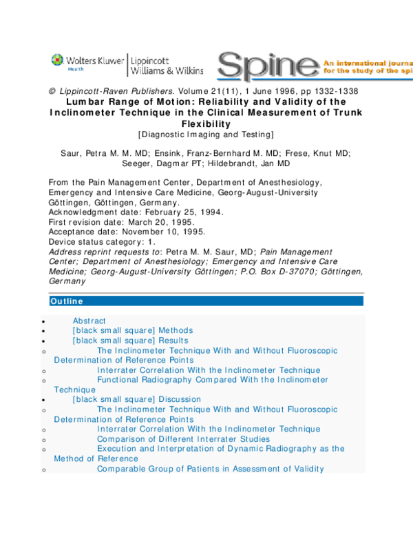 (PDF) Lumbar Range of Motion: Reliability and Validity of the ...