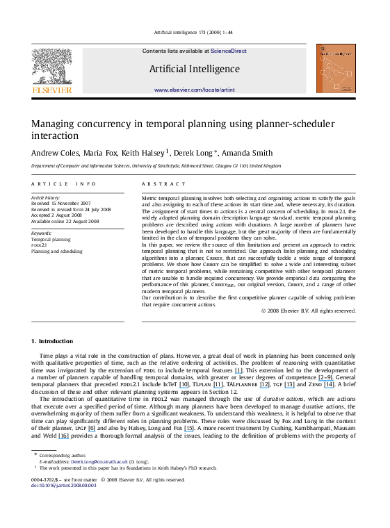 (PDF) Managing concurrency in temporal planning using planner-scheduler interaction
