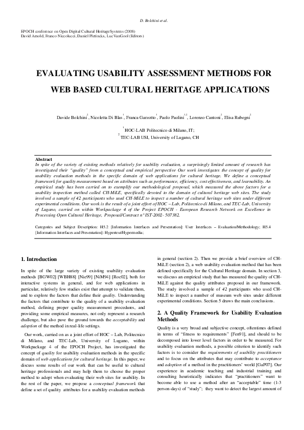 (PDF) EVALUATING USABILITY ASSESSMENT METHODS FOR WEB BASED CULTURAL HERITAGE APPLICATIONS