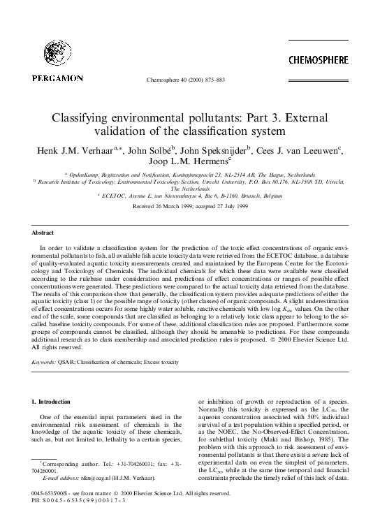 (PDF) Classifying environmental pollutants: Part 3. External validation ...