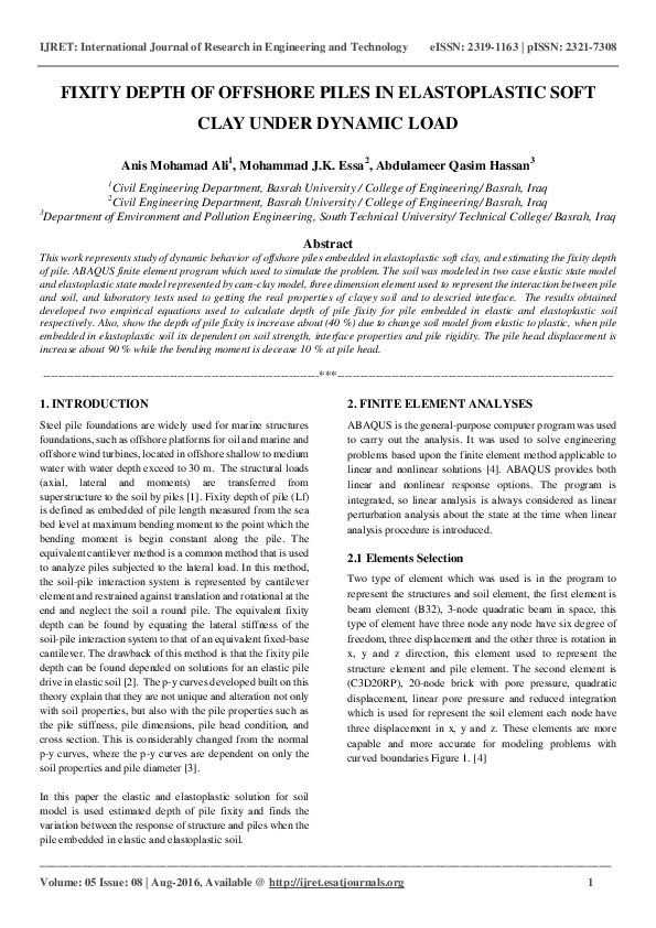 (PDF) FIXITY DEPTH OF OFFSHORE PILES IN ELASTOPLASTIC SOFT CLAY UNDER DYNAMIC LOAD