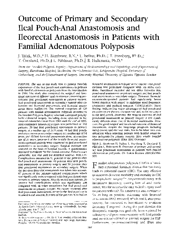(PDF) Outcome of primary and secondary ileal pouch-anal anastomosis and ...