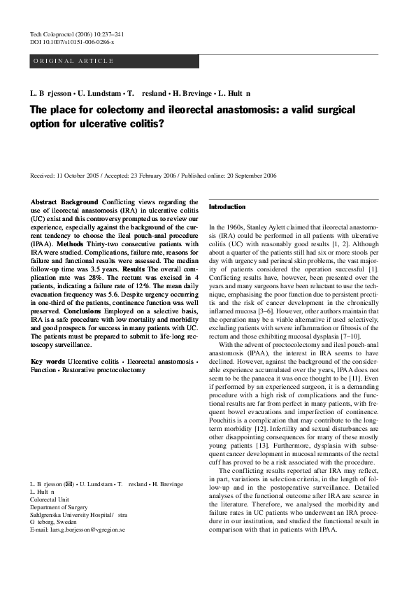 (PDF) The place for colectomy and ileorectal anastomosis: a valid ...