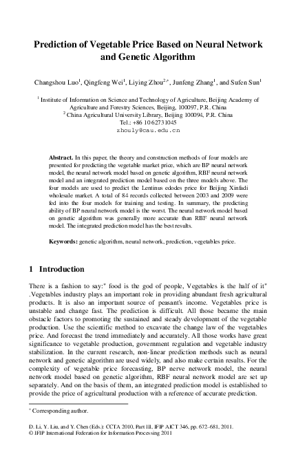 Pdf Prediction Of Vegetable Price Based On Neural Network And Genetic Algorithm