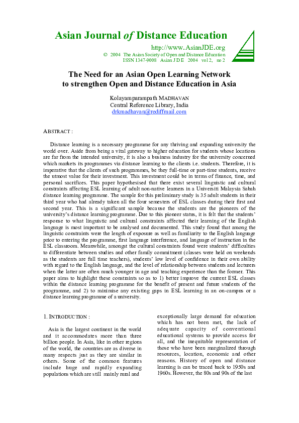 (PDF) Asian Journal of Distance Education The Need for an Asian Open ...