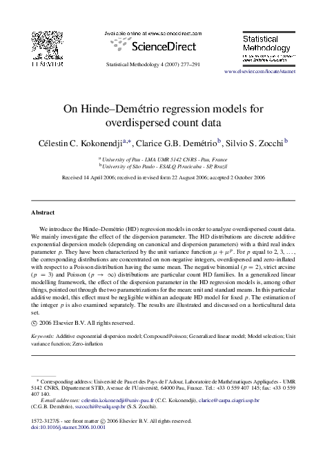 (PDF) On Hinde–Demétrio regression models for overdispersed count data | C. Kokonendji ...