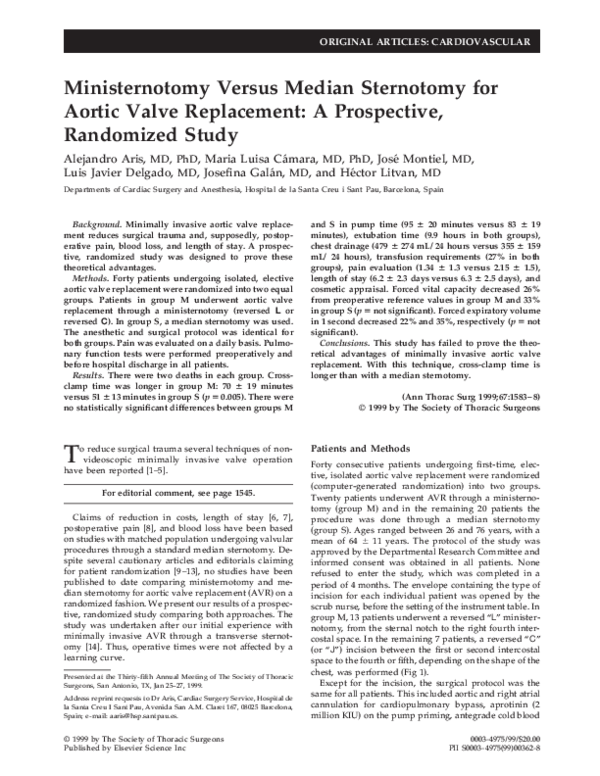 Pdf Ministernotomy Versus Median Sternotomy For Aortic Valve Replacement A Prospective