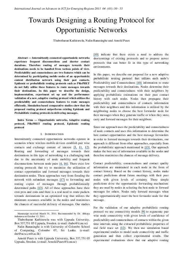 Pdf Towards Designing A Routing Protocol For Opportunistic Networks
