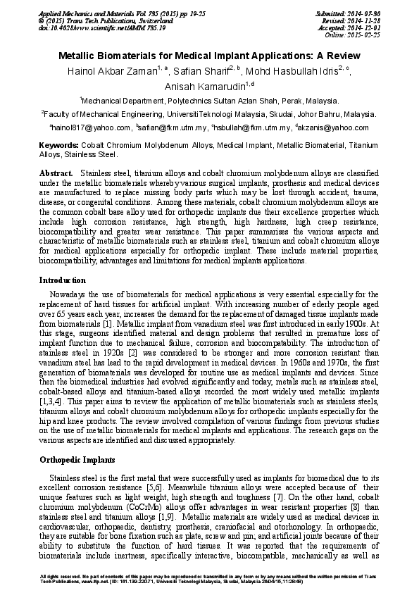 (PDF) Metallic Biomaterials for Medical Implant Applications: A Review