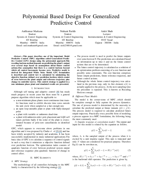 (PDF) Polynomial Based Design For Generalized Predictive Control (PDF) Polynomial Based Design For Generalized Predictive Control