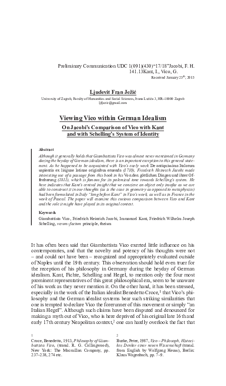 (PDF) Viewing Vico within German Idealism. On Jacobi's Comparison of ...
