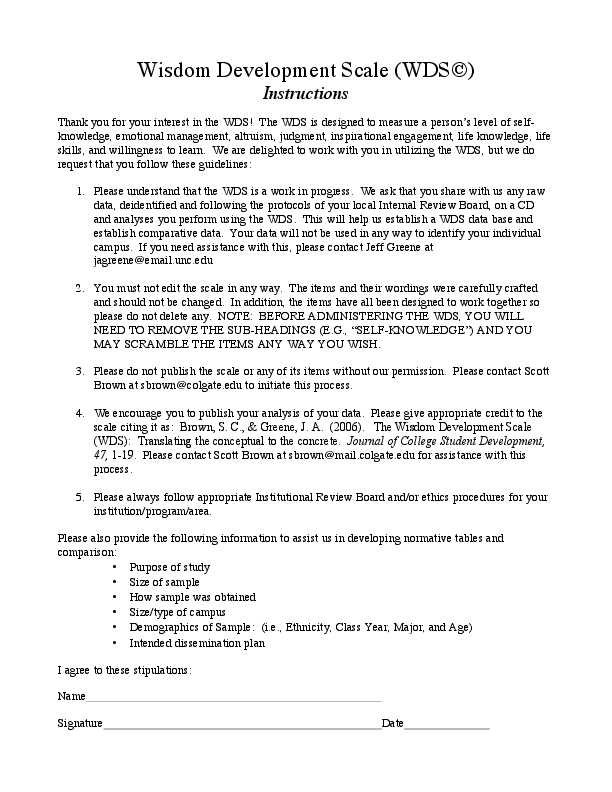 (PDF) Wisdom Development Scale (WDS) Instrument and Instructions